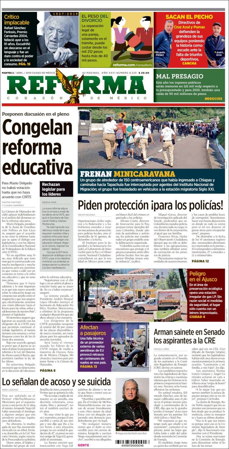 Newspaper Reforma (Mexico). Newspapers in Mexico. Tuesday's edition ...