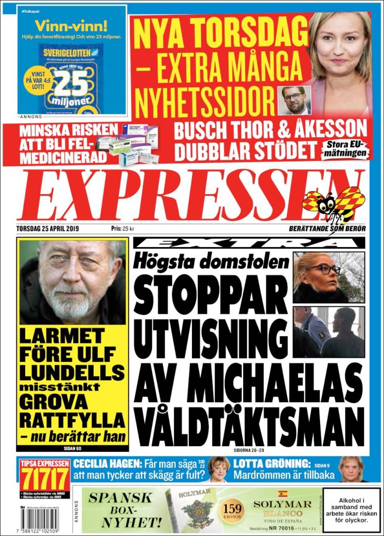 Periódico Expressen (Suecia). Periódicos de Suecia. Edición de jueves ...