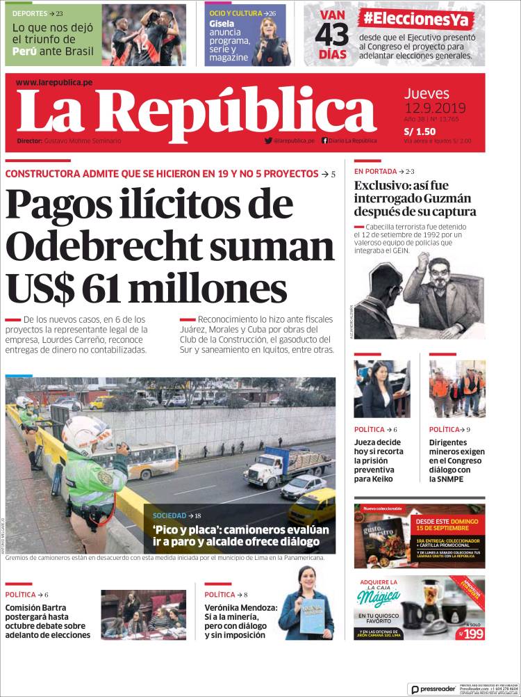 Periódico La Republica (Perú). Periódicos de Perú. Edición de jueves ...