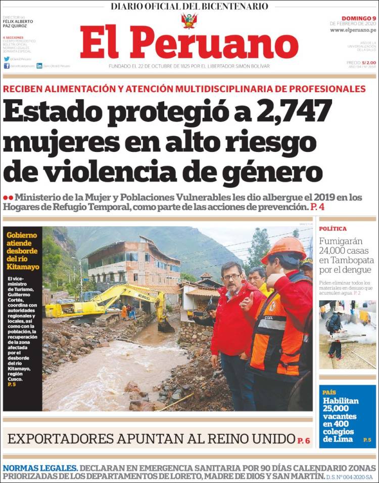 Periódico El Peruano (Perú). Periódicos de Perú. Edición de domingo, 9 ...
