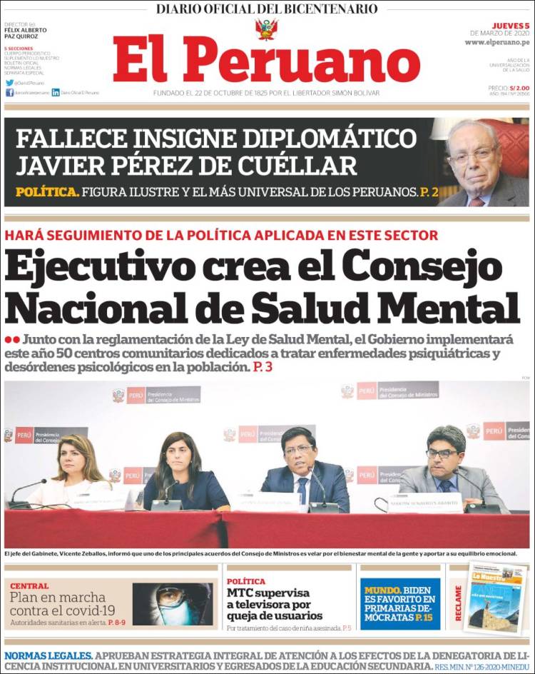 Periódico El Peruano (Perú). Periódicos de Perú. Edición de jueves, 5 ...