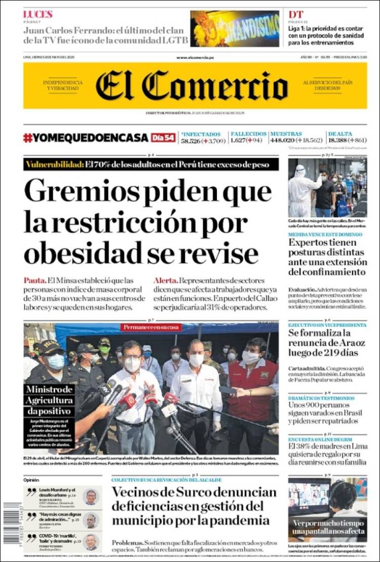 Newspaper El Comercio (Peru). Newspapers in Peru. Friday's edition, May ...
