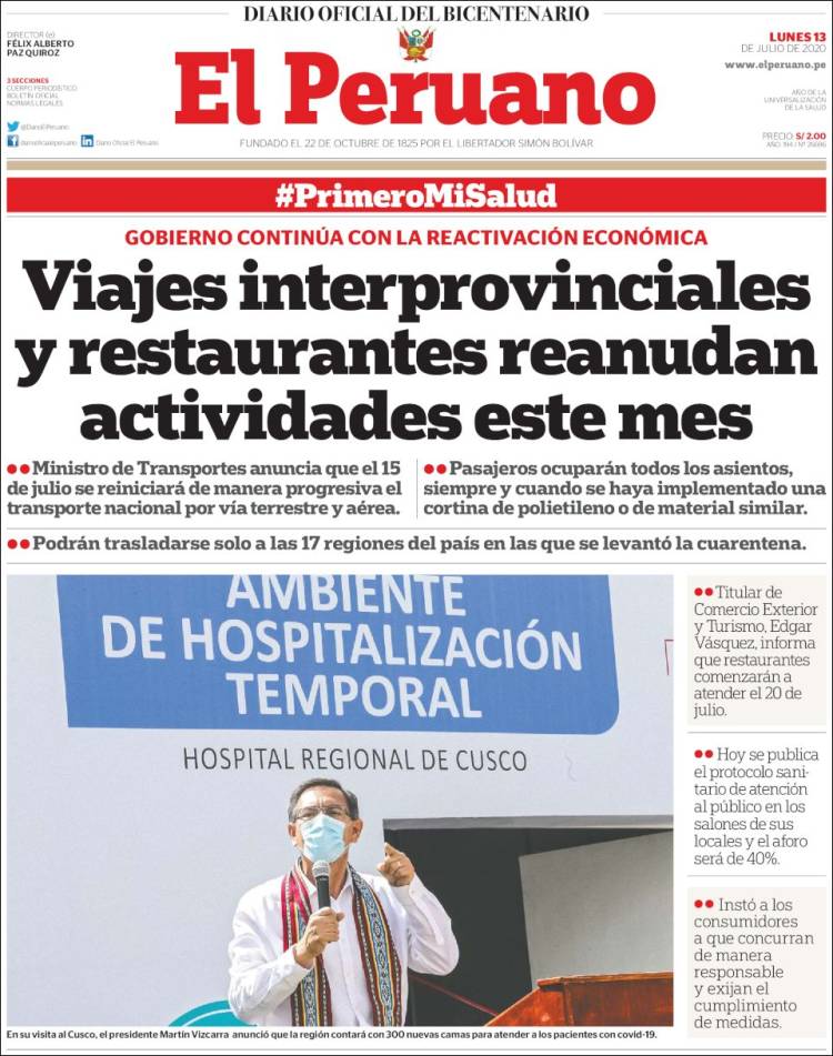Periódico El Peruano (Perú). Periódicos de Perú. Edición de lunes, 13 ...