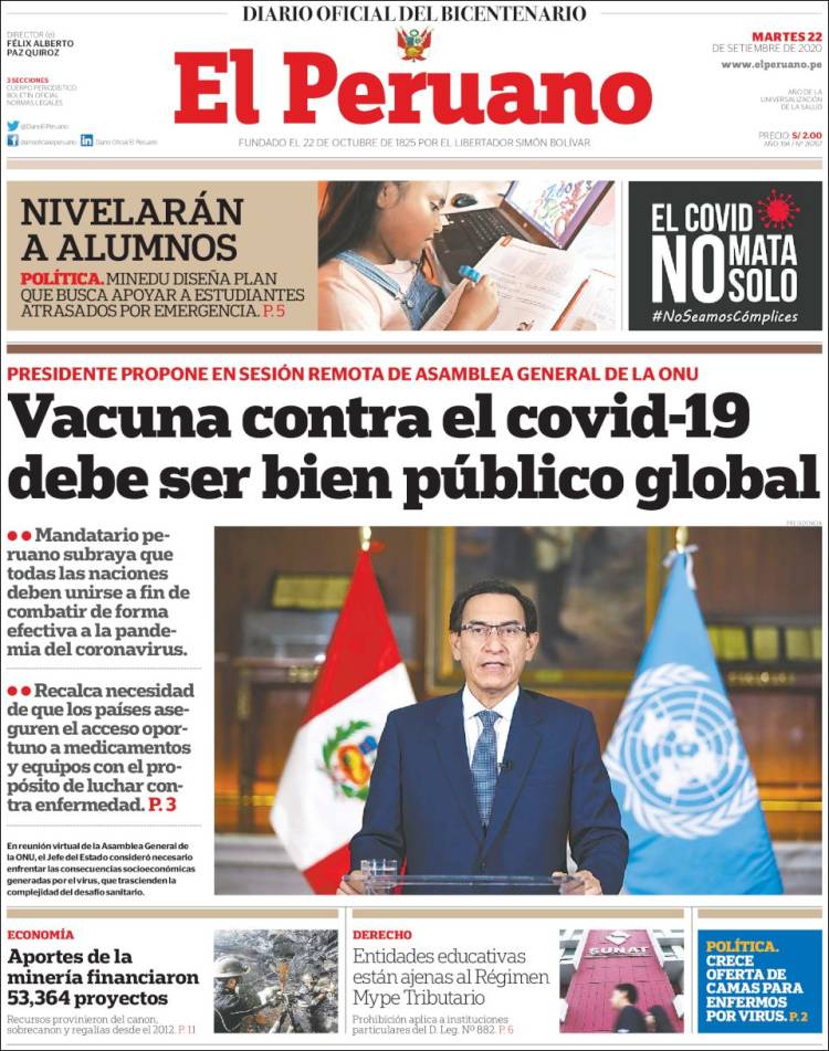 Periódico El Peruano (Perú). Periódicos de Perú. Edición de martes, 22 ...