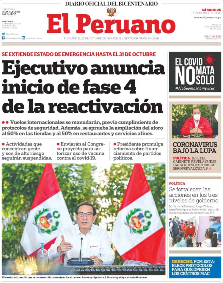 Periódico El Peruano (Perú). Periódicos de Perú. Edición de sábado, 26 ...