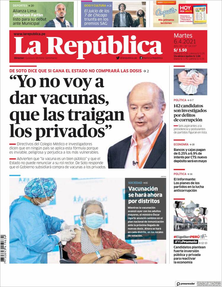 Periódico La Republica Perú Periódicos De Perú Edición De Martes 6