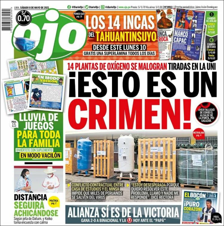 Periódico Ojo (Perú). Periódicos de Perú. Edición de domingo, 9 de mayo ...