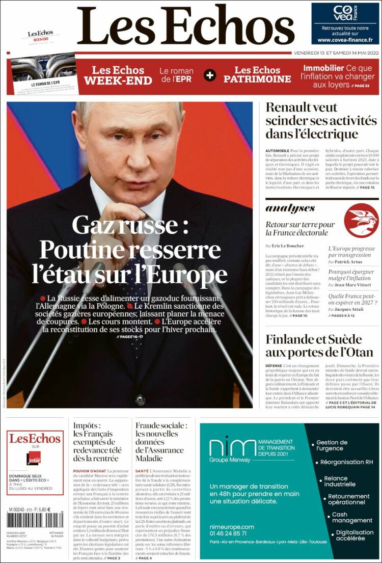 Newspaper Les Echos France Newspapers In France Friday s Edition