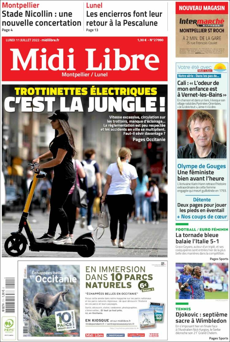Newspaper Midi Libre (France). Newspapers in France. Monday's edition ...