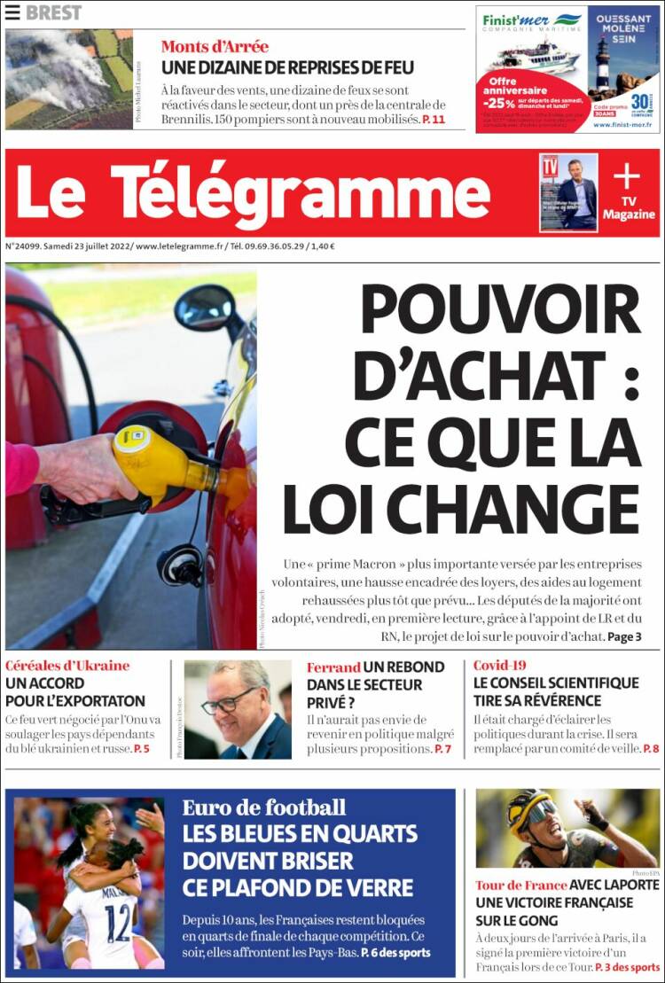 Journal Télégramme (France). Les Unes des journaux de France. Toute la ...