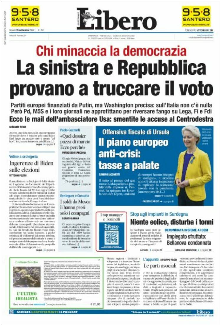 Periódico Libero (Italia). Periódicos de Italia. Edición de jueves, 15 ...