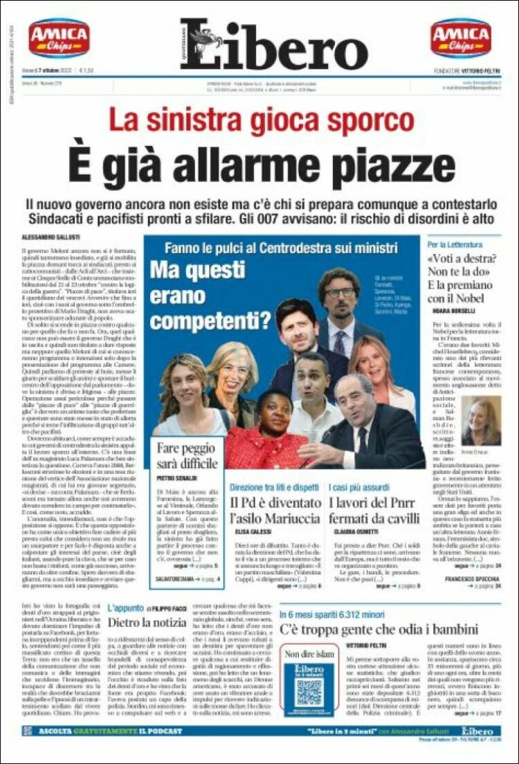 Periódico Libero (Italia). Periódicos de Italia. Edición de viernes, 7 ...