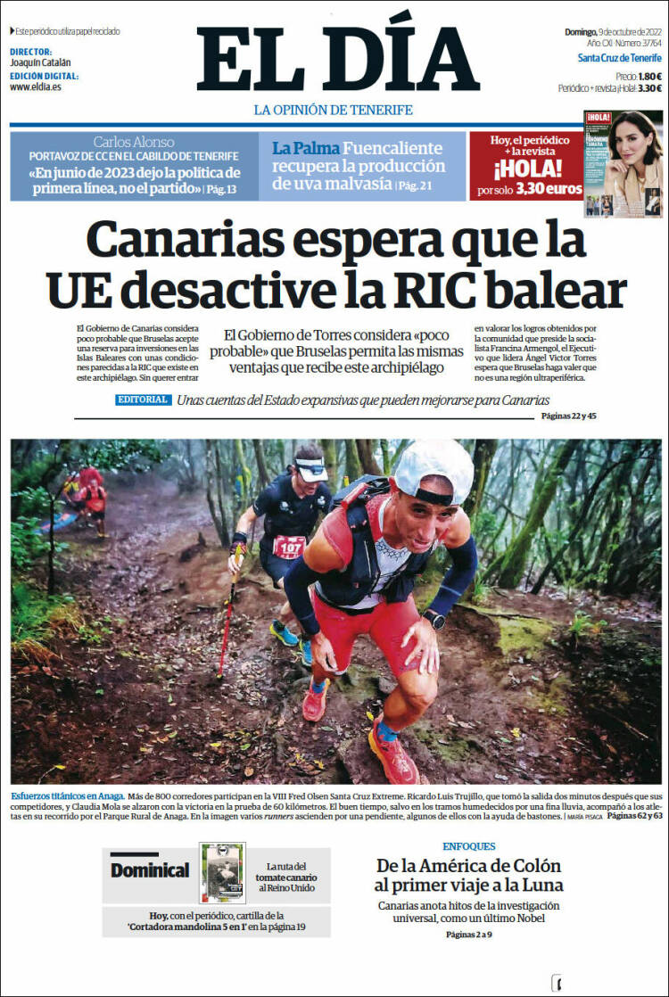 Periódico El Día (España). Periódicos de España. Edición de domingo, 9 ...