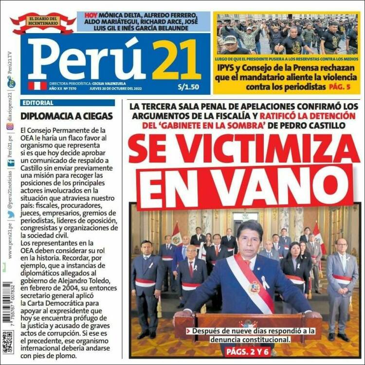 Periódico Perú 21 (Perú). Periódicos de Perú. Edición de jueves, 20 de ...