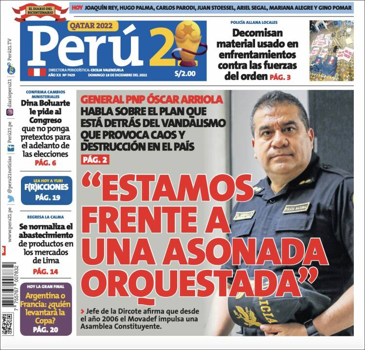 Periódico Perú 21 (Perú). Periódicos de Perú. Edición de domingo, 18 de ...