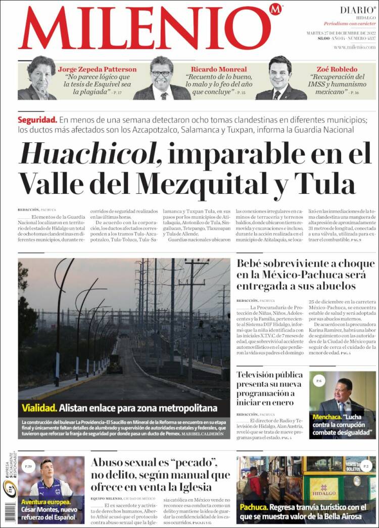 Newspaper Milenio de Hidalgo (Mexico). Newspapers in Mexico. Tuesday's ...
