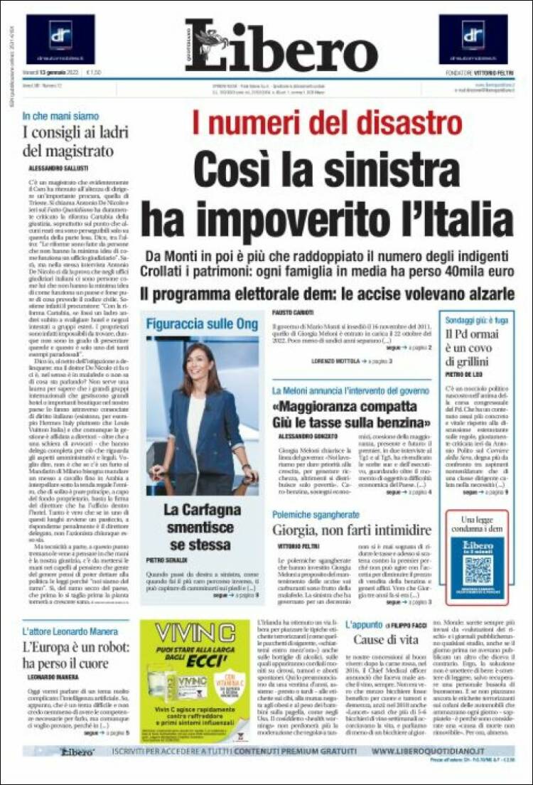 Periódico Libero (Italia). Periódicos de Italia. Edición de viernes, 13 ...