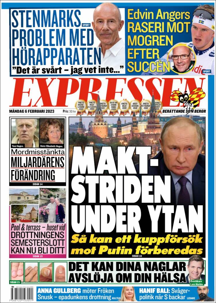 Periódico Expressen (Suecia). Periódicos de Suecia. Edición de lunes, 6 ...