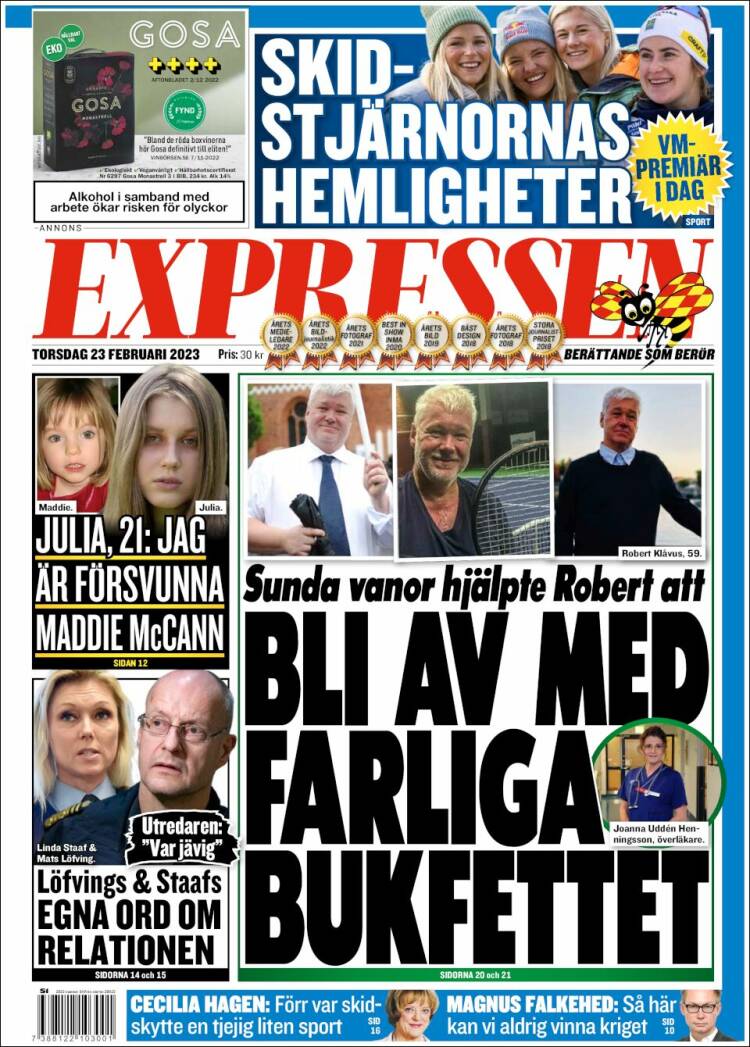 Periódico Expressen (Suecia). Periódicos de Suecia. Edición de jueves ...