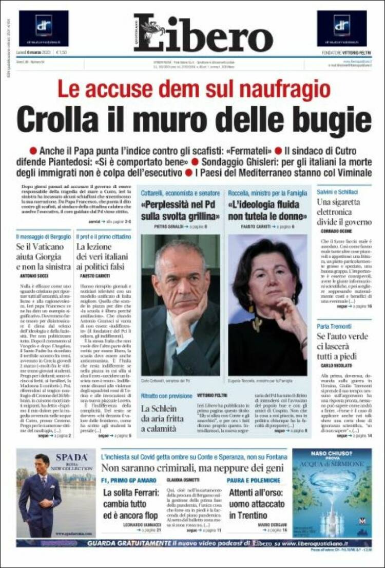 Periódico Libero (Italia). Periódicos de Italia. Edición de lunes, 6 de ...
