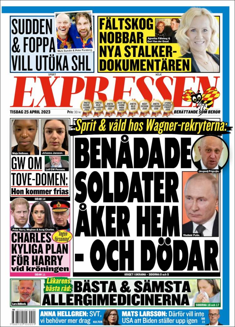 Periódico Expressen (Suecia). Periódicos de Suecia. Edición de martes ...