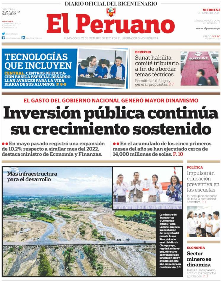 Periódico El Peruano (Perú). Periódicos de Perú. Edición de viernes, 2 ...