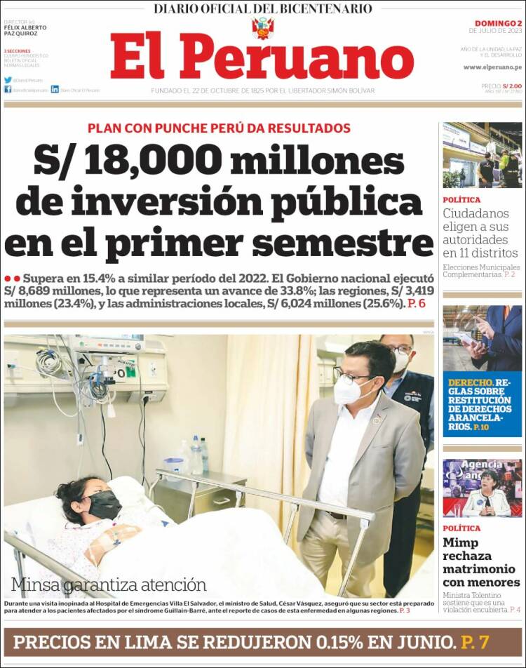 Periódico El Peruano (Perú). Periódicos de Perú. Edición de domingo, 2 ...