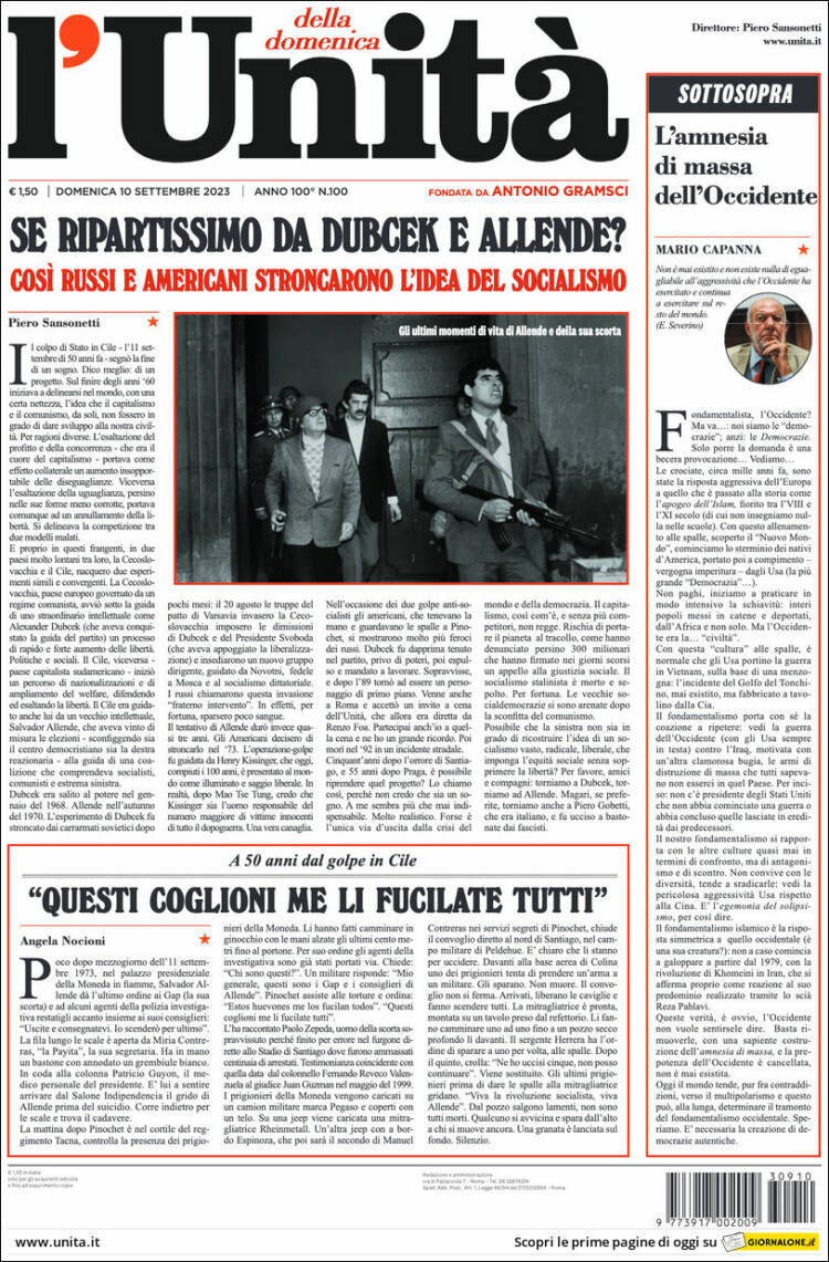 Newspaper l'Unità (Italy). Newspapers in Italy. Today's press covers ...