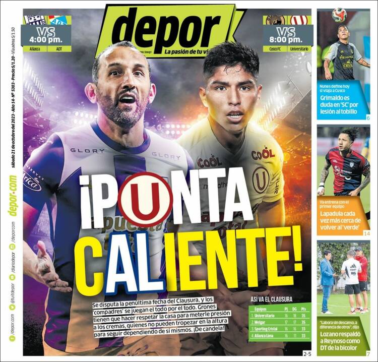 Periódico Depor (Perú). Periódicos de Perú. Edición de domingo, 22 de ...