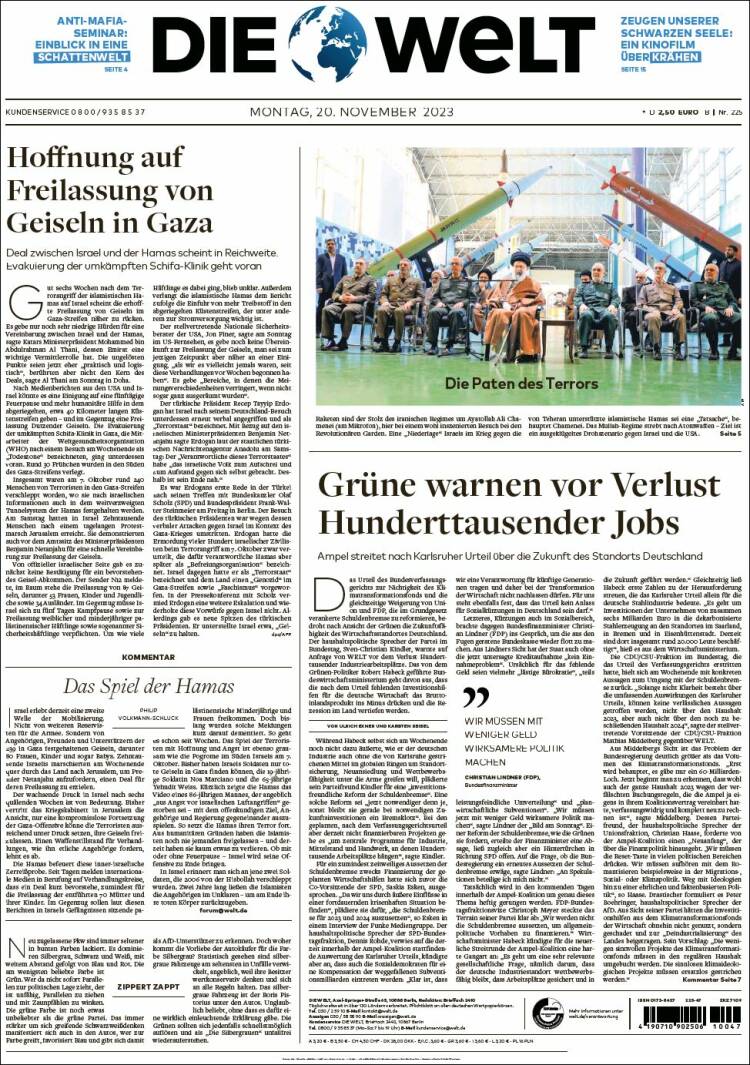 Periódico Die Welt (Alemania). Periódicos de Alemania. Edición de lunes ...