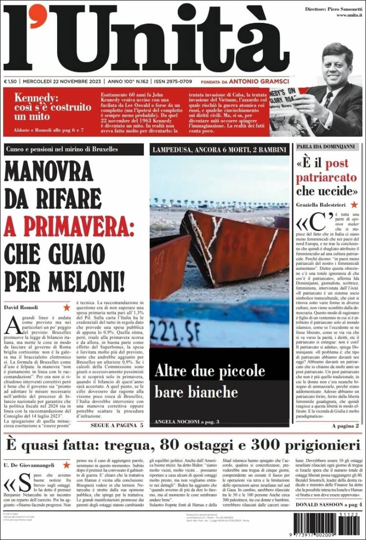 Journal l'Unità (Italie). Les Unes des journaux de Italie. Édition du ...