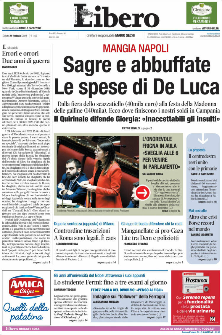 Periódico Libero (Italia). Periódicos de Italia. Edición de sábado, 24 ...