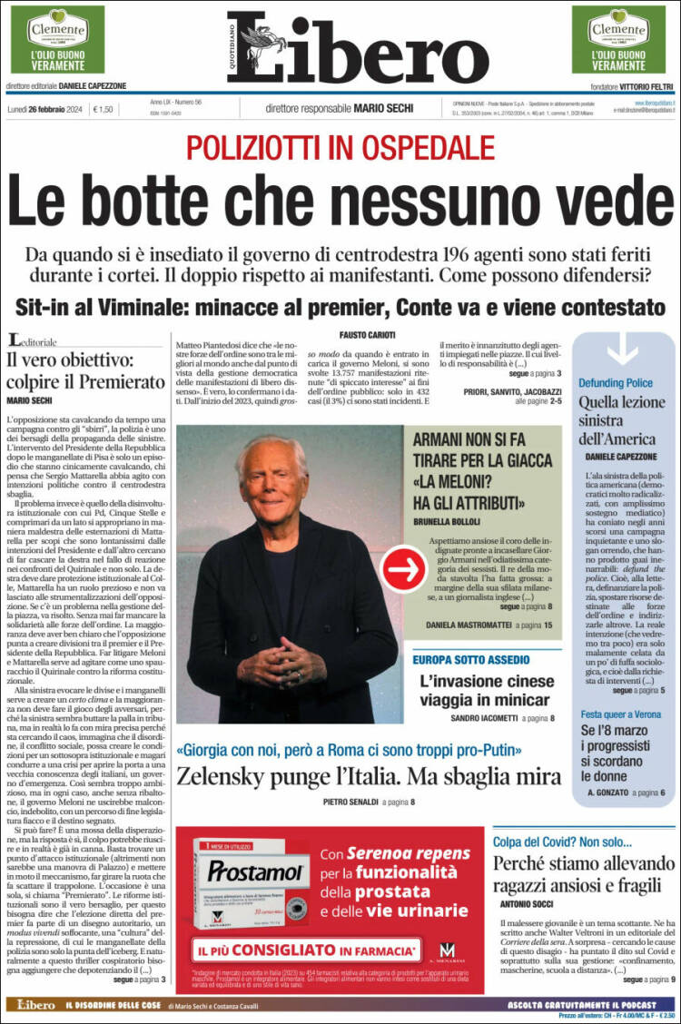 Periódico Libero (Italia). Periódicos de Italia. Edición de lunes, 26 ...