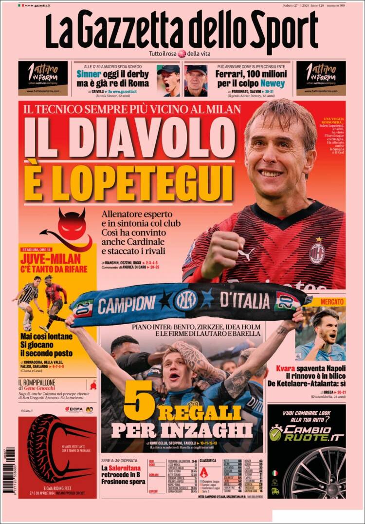Newspaper La Gazzetta dello Sport (Italy). Newspapers in Italy. Today's ...