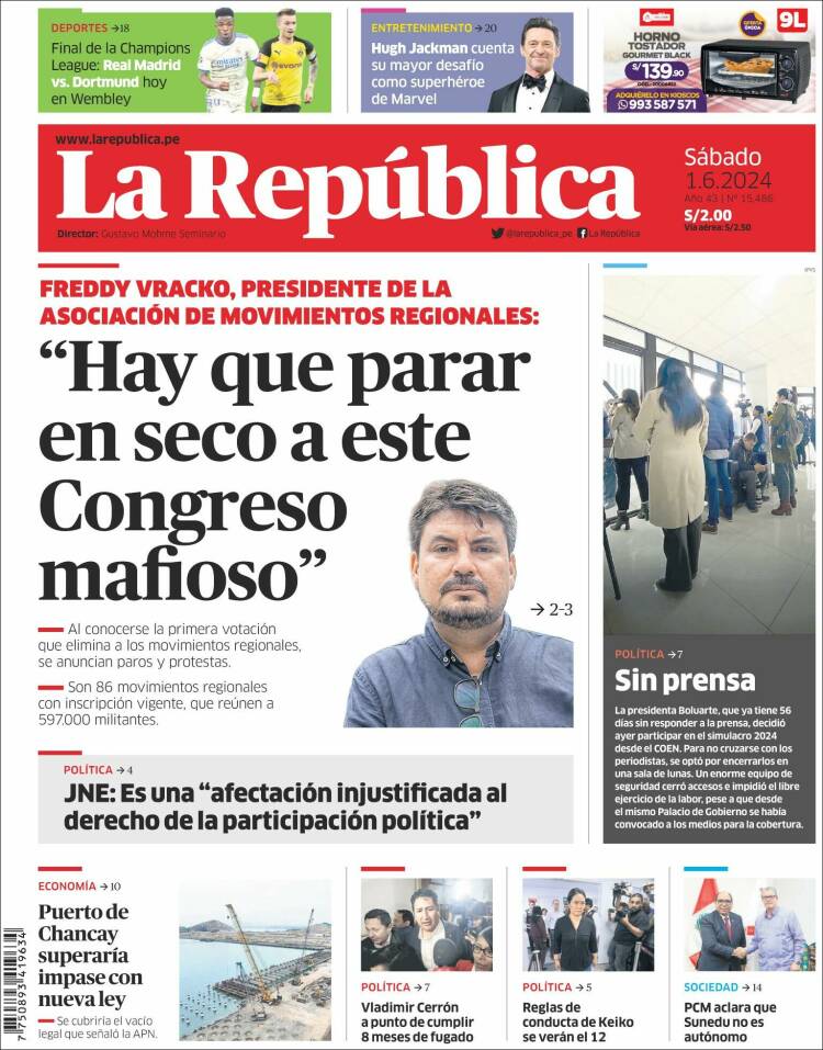 Periódico La Republica Perú Periódicos De Perú Edición De Sábado 1