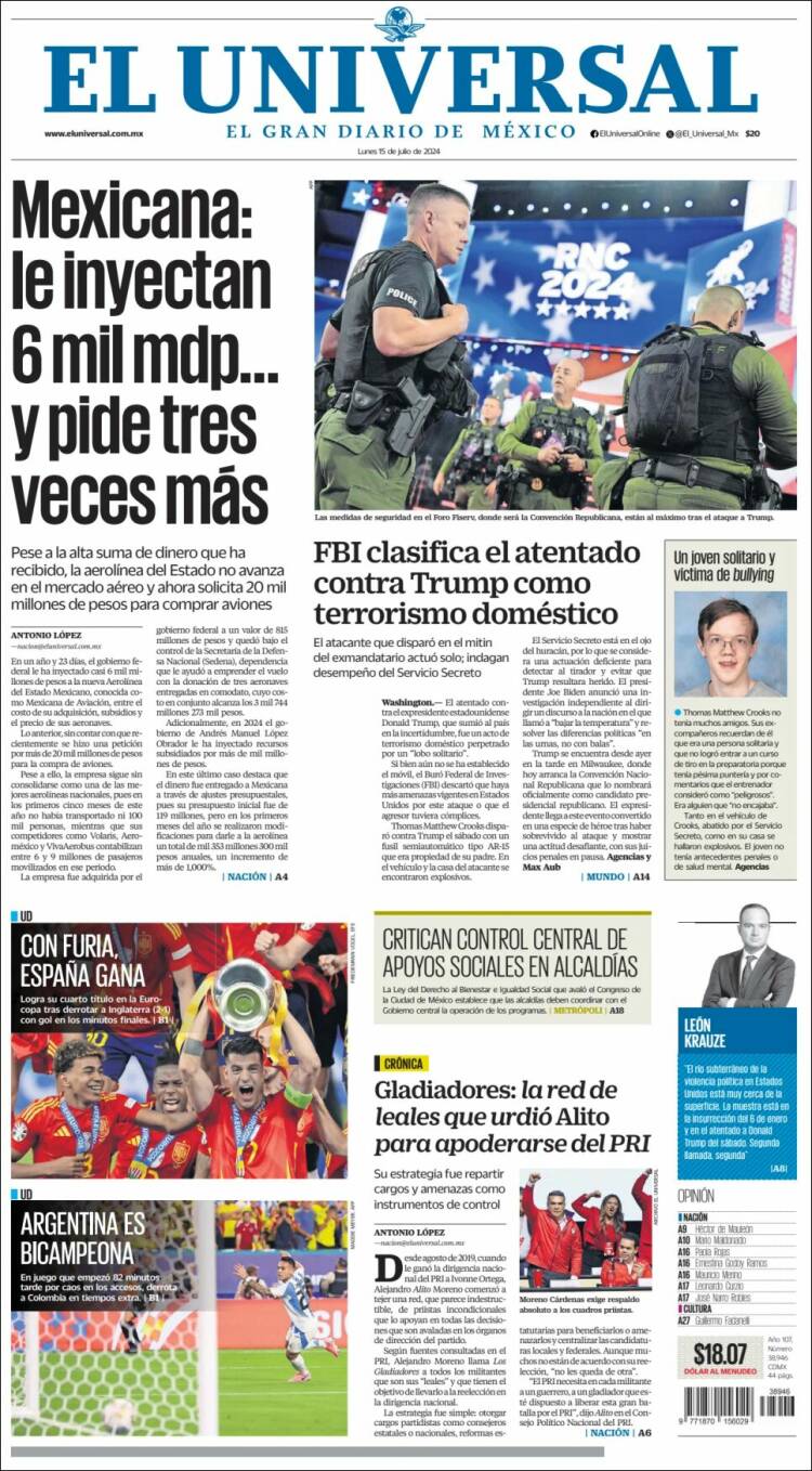 Periódico El Universal (México). Periódicos de México. Edición de lunes ...