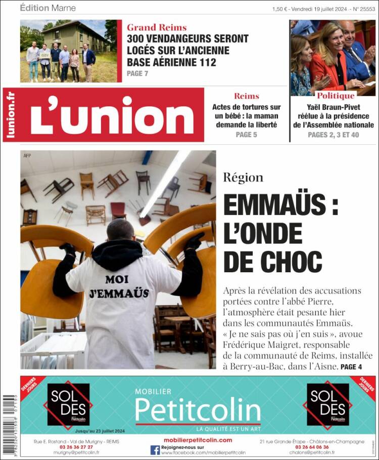 Journal L'Union (France). Les Unes des journaux de France. Toute la ...