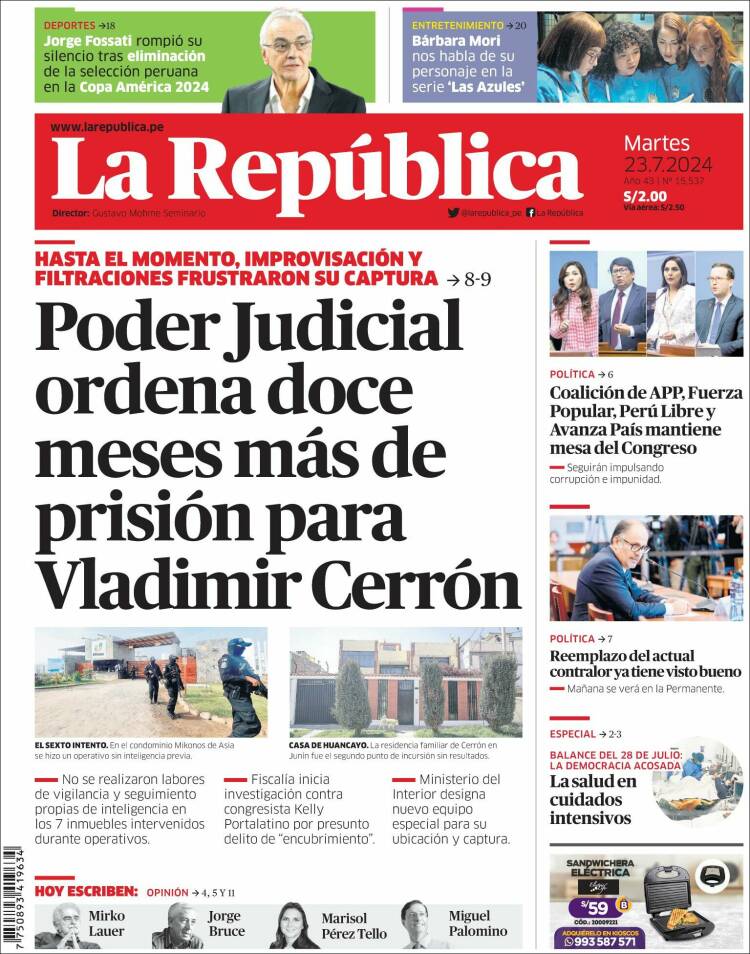 Newspaper La Republica (Peru). Newspapers in Peru. Today's press covers ...