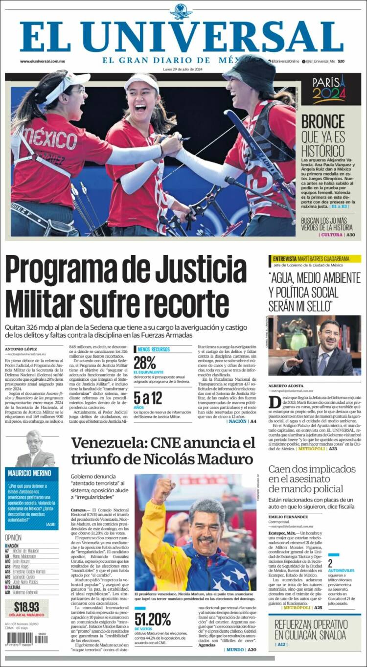 Periódico El Universal (México). Periódicos de México. Edición de lunes ...