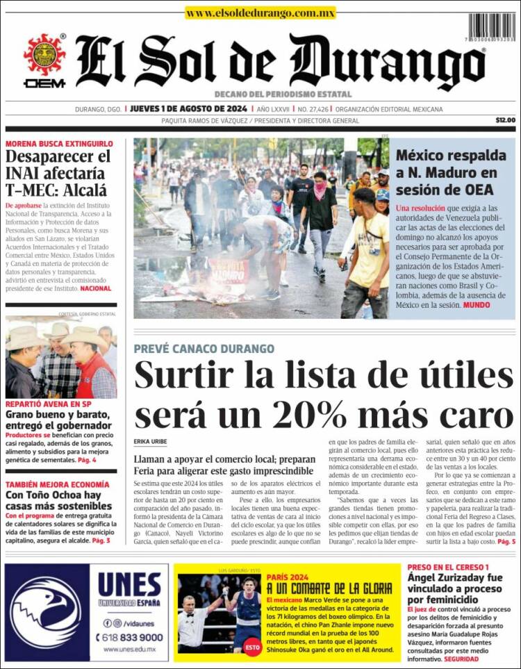 Periódico El Sol de Durango (México). Periódicos de México. Edición de ...