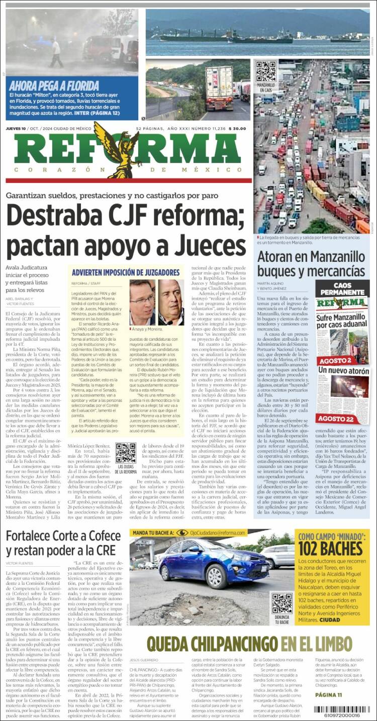 Periódico Reforma (México). Periódicos de México. Edición de jueves, 10 ...