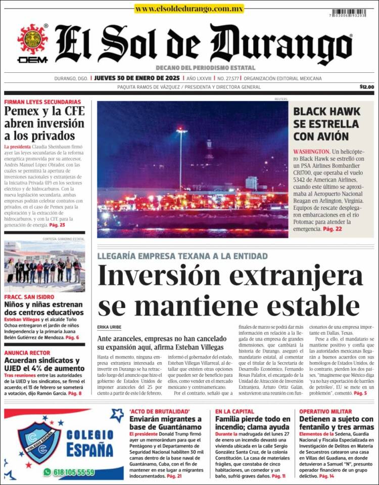 Journal El Sol de Durango (Mexique). Les Unes des journaux de Mexique ...