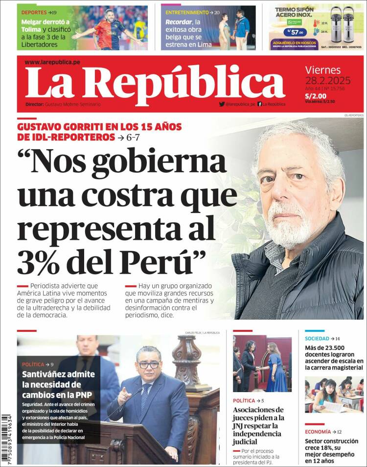Periódico La Republica (Perú). Periódicos de Perú. Edición de viernes ...