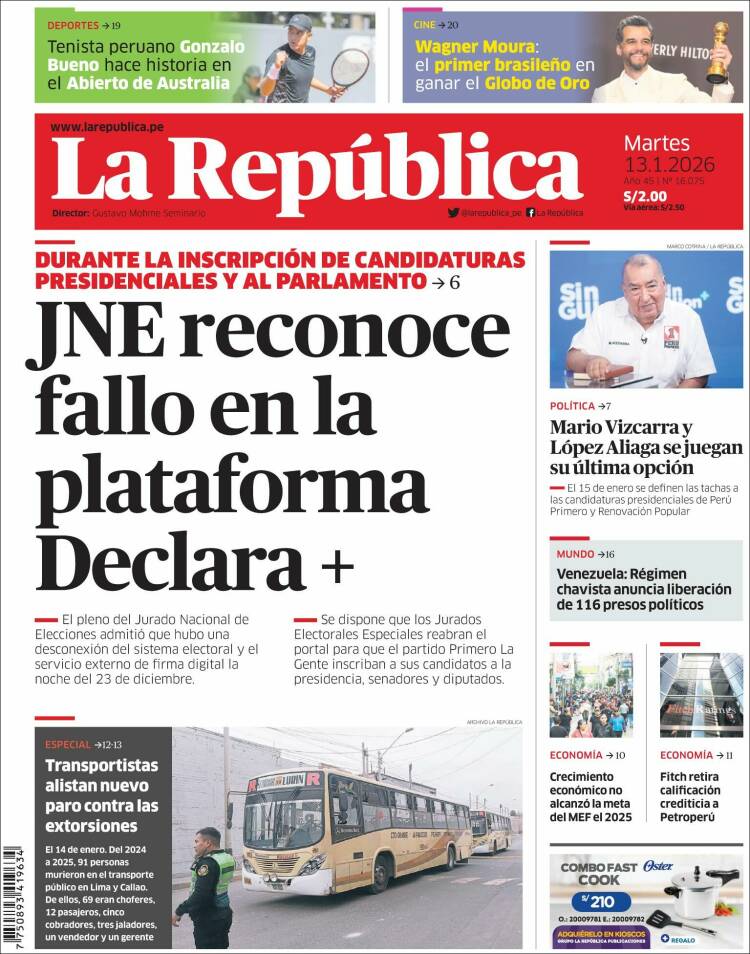 Periódico La Republica (Perú). Periódicos de Perú. Edición de martes ...
